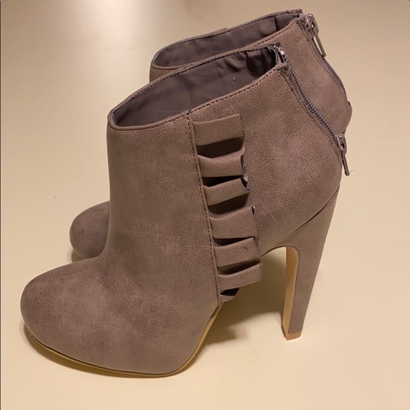 JustFab | Shoes | Justfab Taupe High Heel Booties With Ruffle 6 | Poshmark